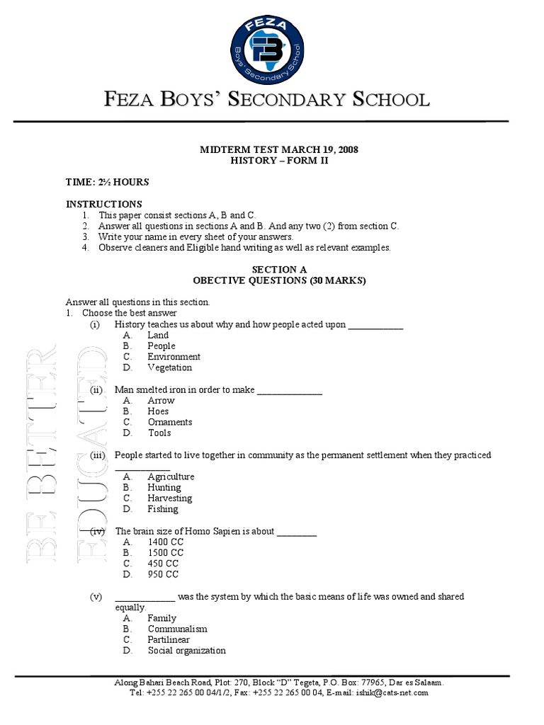 History Midterm Test F2s-08 | PDF | East Africa | Tanzania