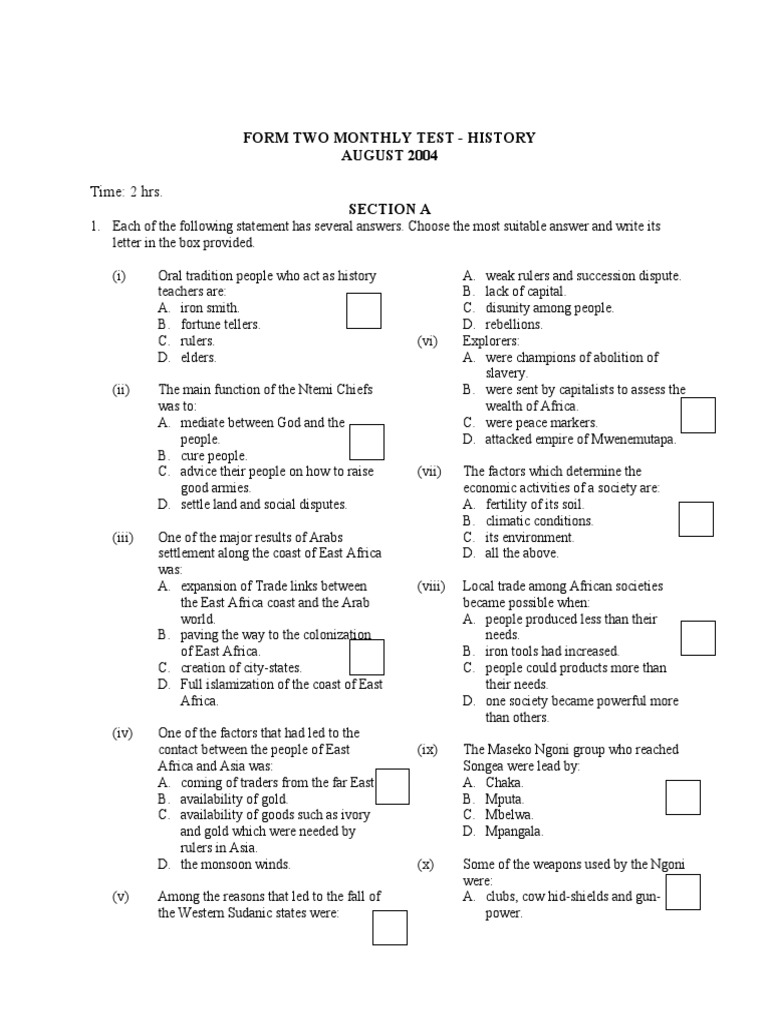 History Form Two Monthly Test | PDF | East Africa | Atlantic Slave Trade
