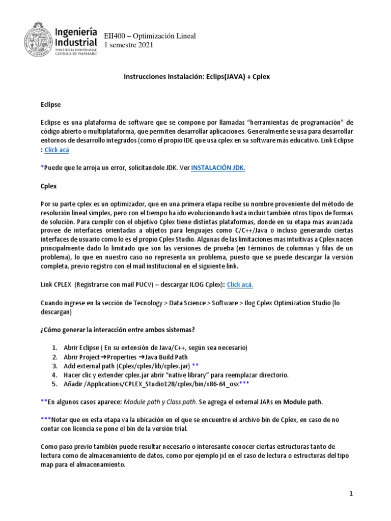 Instrucciones Java + Cplex | Descargar gratis PDF | Eclipse (software) | Java (lenguaje de ...