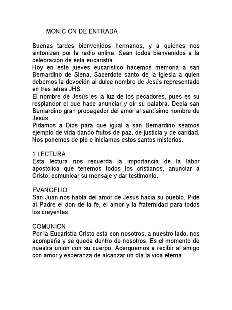 Monicion de Entrada | PDF | eucaristía | Misa (liturgia)