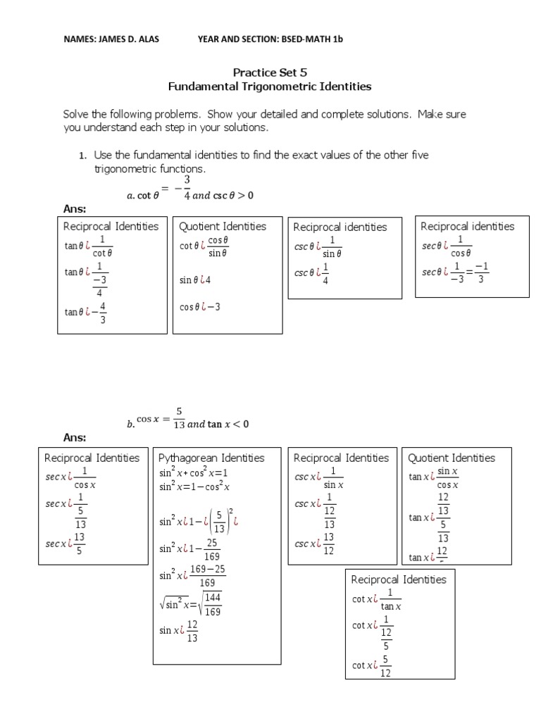 Trigonometric Identities Practice Set | PDF | Trigonometric Functions ...