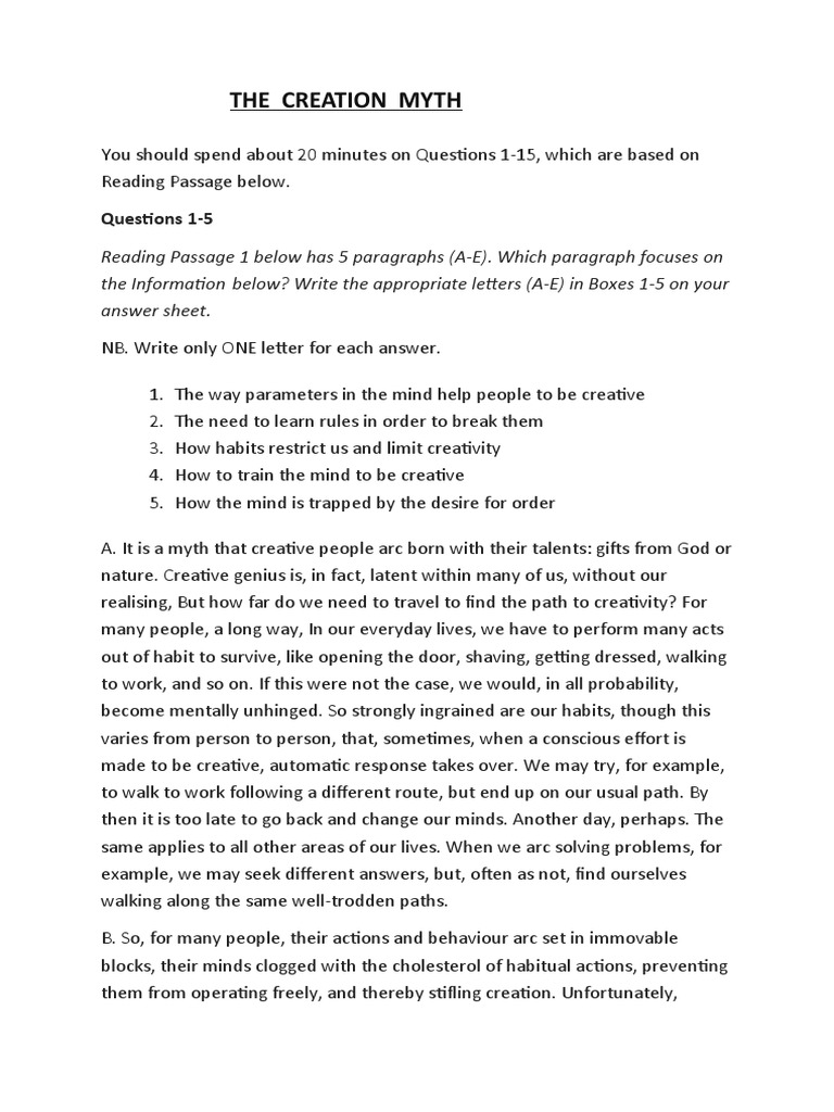 The Creation Myth: Questions 1-5 | PDF | Suffragette | Literacy