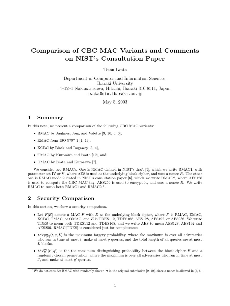 Comparison of CBC MAC Variants and Comments On NIST's Consultation ...