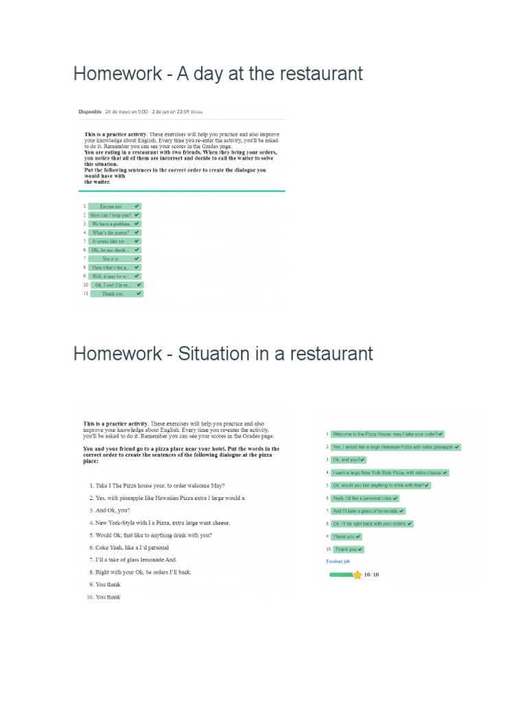 A Day at the Restaurant: Homework Guide | PDF