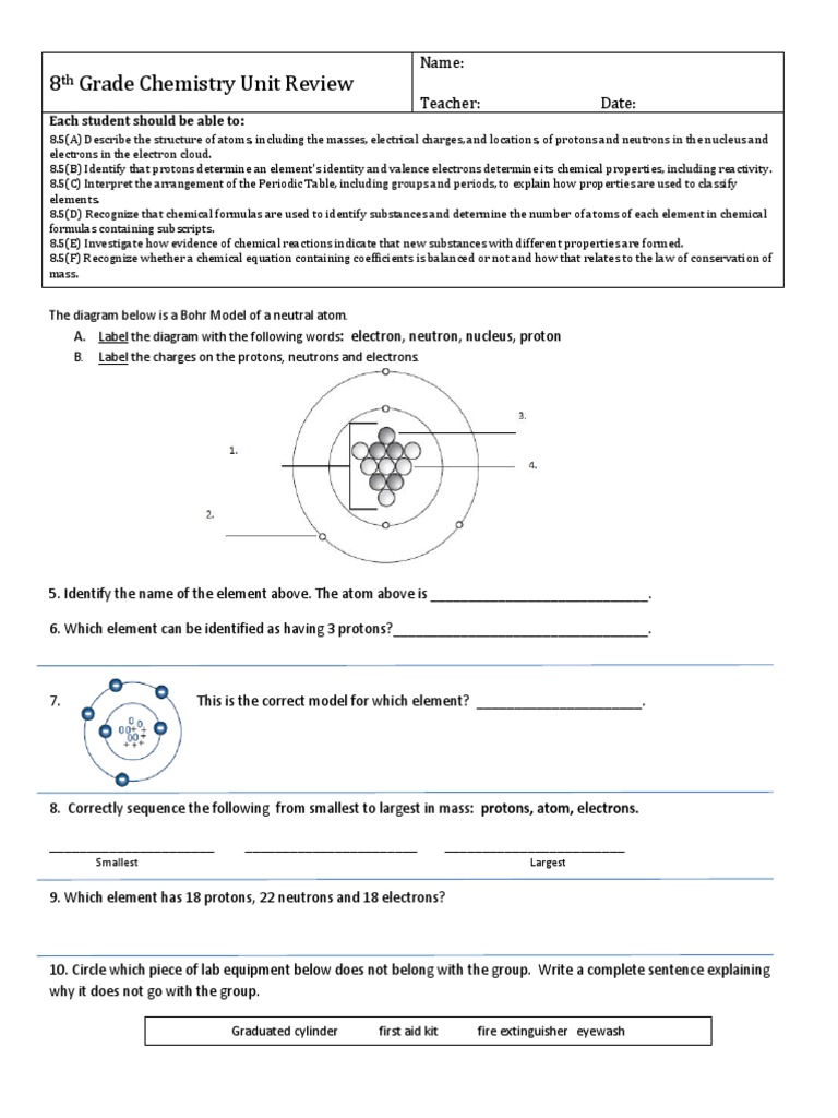 8th Grade Chemistry Unit Review | PDF | Proton | Chemistry