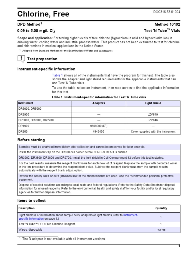 Chlorine, Free: DPD Method Method 10102 0.09 To 5.00 MG/L CL Test 'N ...