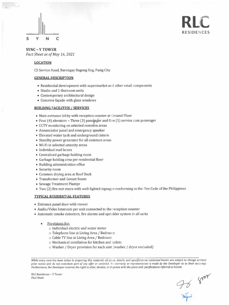 RLC Residences SYNC Y Tower Fact Sheet | PDF