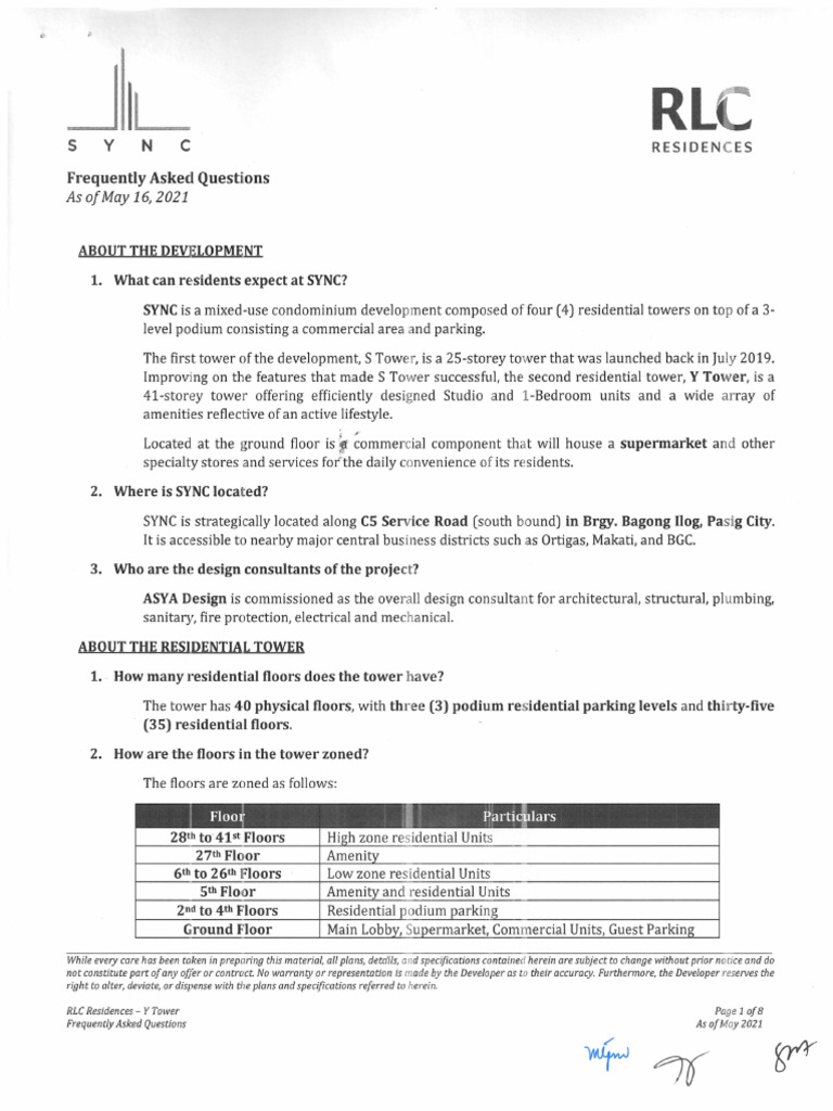 RLC Residences (05-2021) Sync y Tower Faqs | PDF