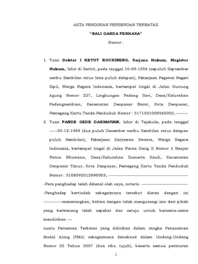 Akta Pendirian PT Bali Garda | PDF