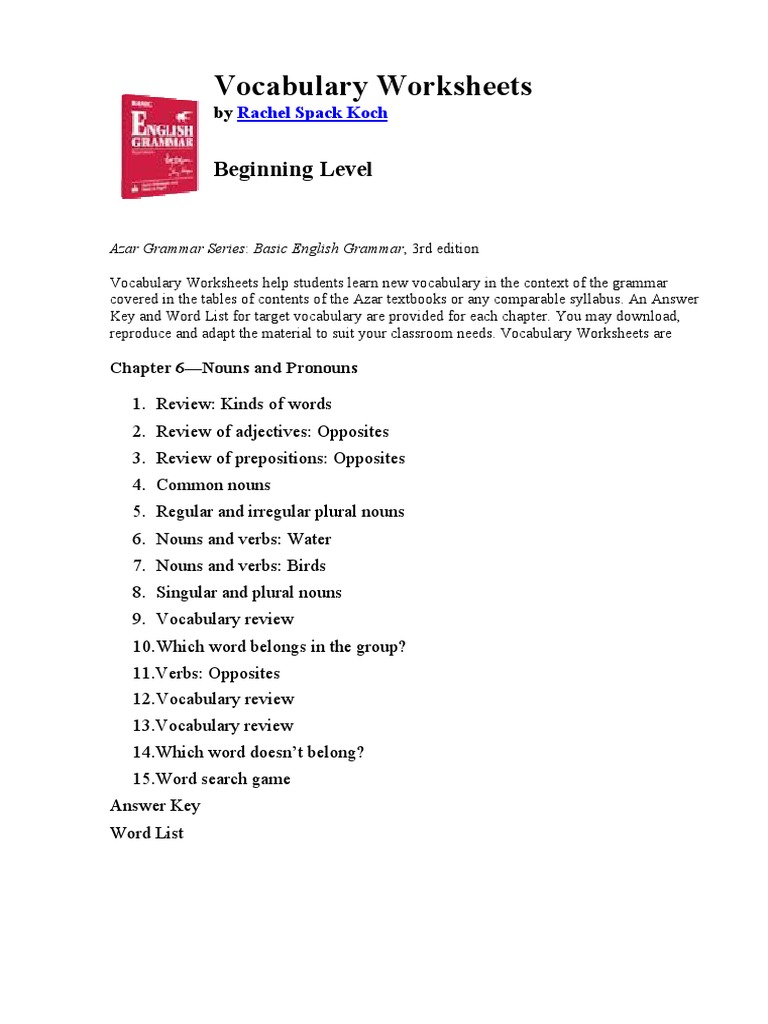 Vocabulary Worksheets: Beginning Level | PDF | English Grammar | Noun