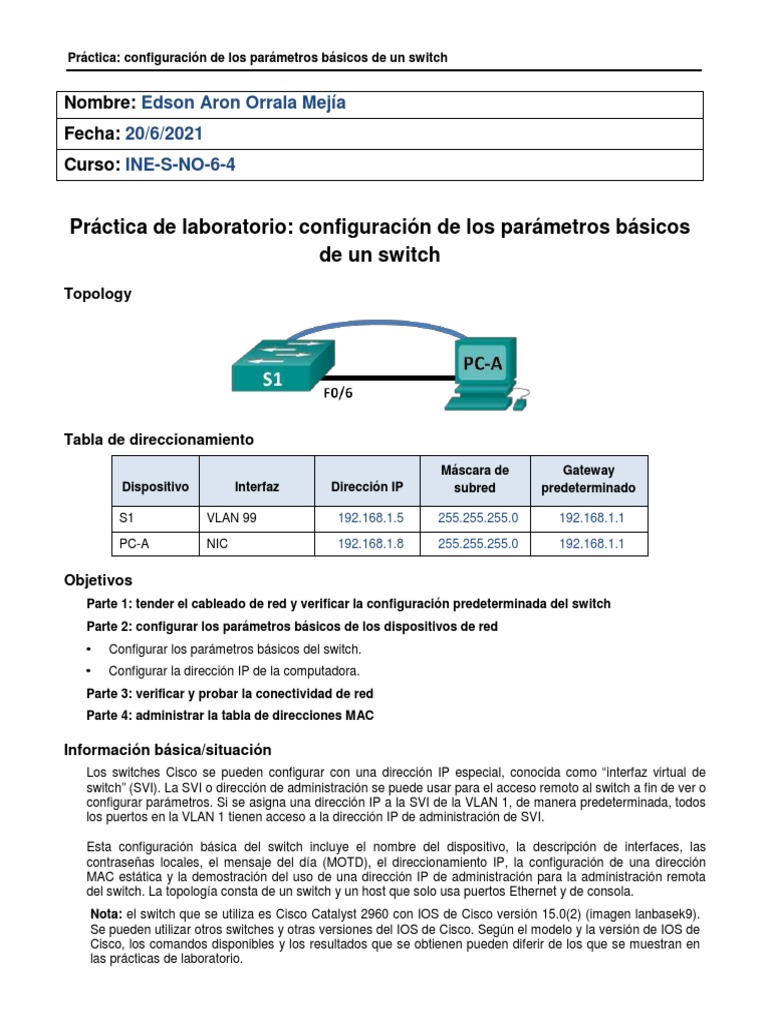 Práctica - Configuración Básica de Switch | PDF | Dirección IP | Conmutador de red