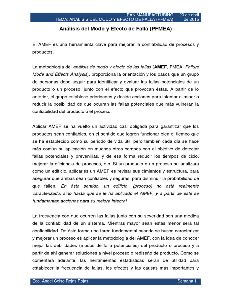 Semana 11 - LM - AMEF I | PDF | Ingeniería de confiabilidad | Lean ...