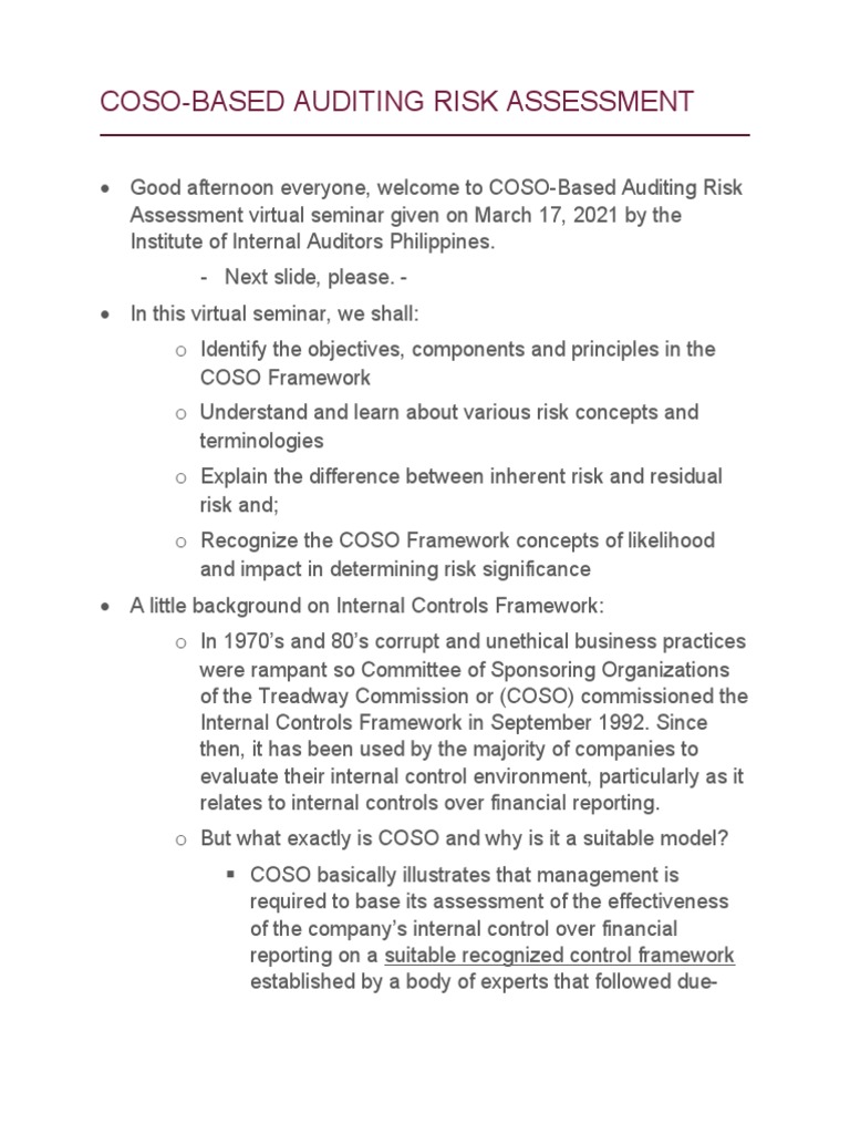 Coso-Based Auditing Risk Assessment: - Next Slide, Please. | Download ...