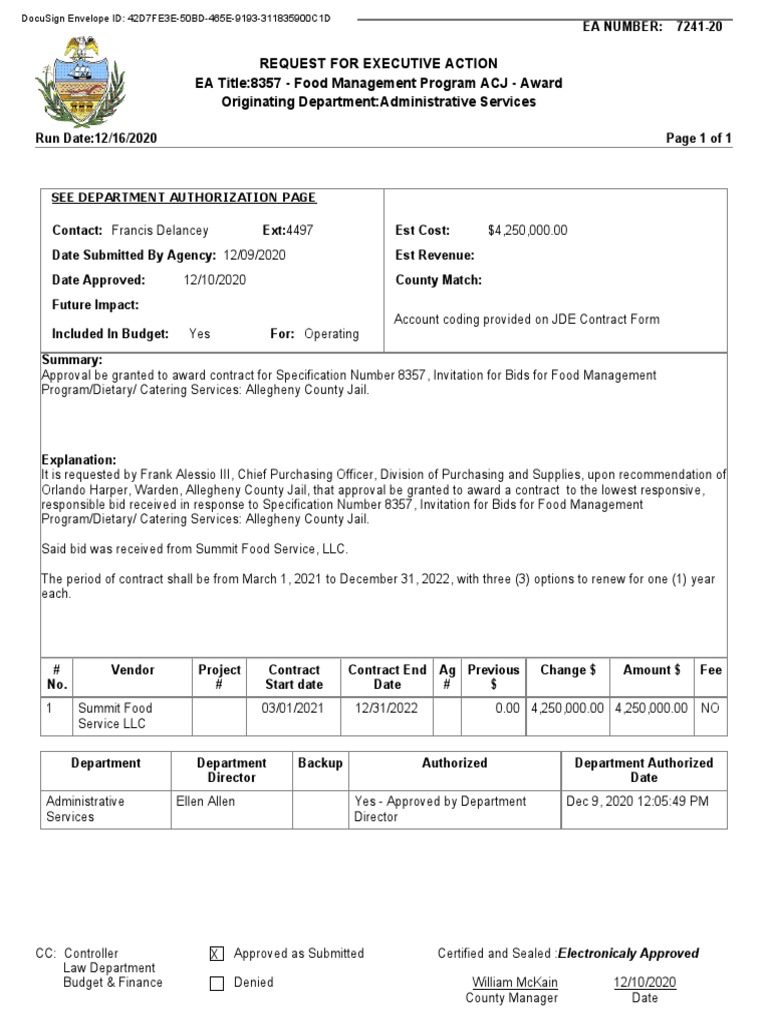 Allegheny Jail Food Service Contract Award | PDF | Indemnity | Prison