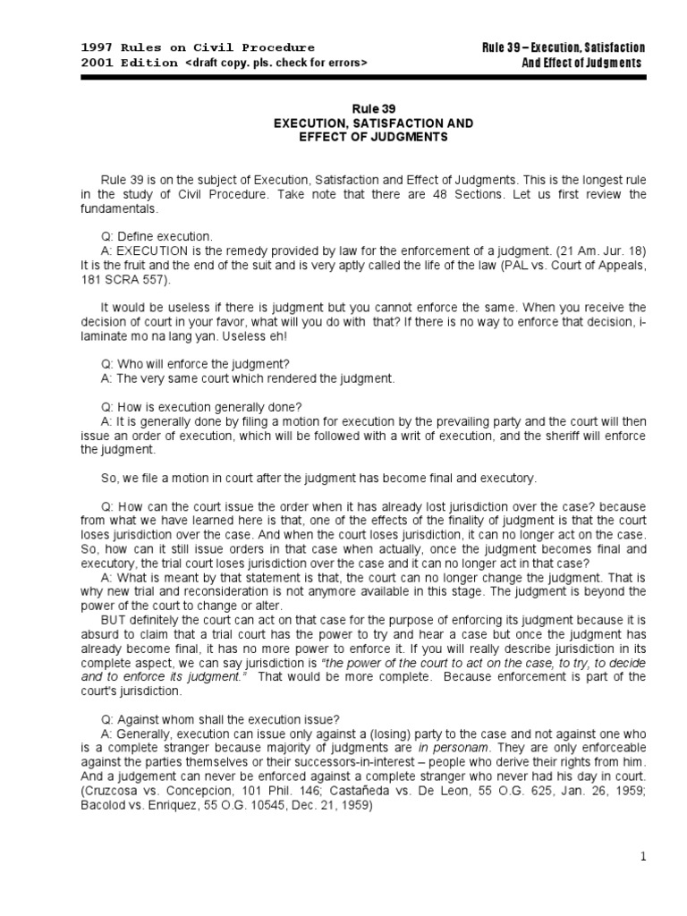 Rule 39: Execution of Judgments Explained | PDF