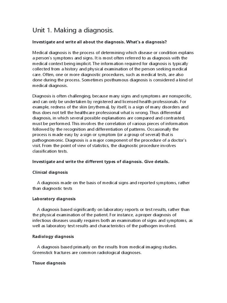 Unit 1. Making A Diagnosis.: Investigate and Write All About The ...