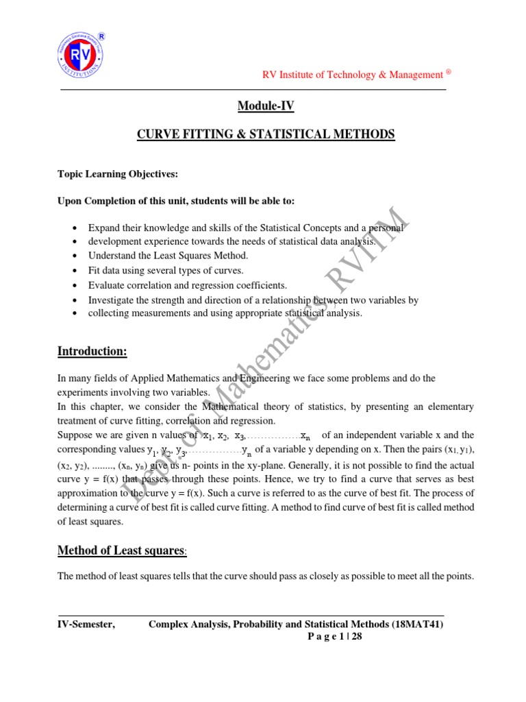 Module-IV Curve Fitting & Statistical Methods: RV Institute of ... Module-IV Curve Fitting & Statistical Methods: RV Institute of ...