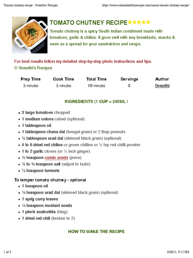 Tomato Chutney Recipe - Swasthi's Recipes | PDF | Chutney | Curry