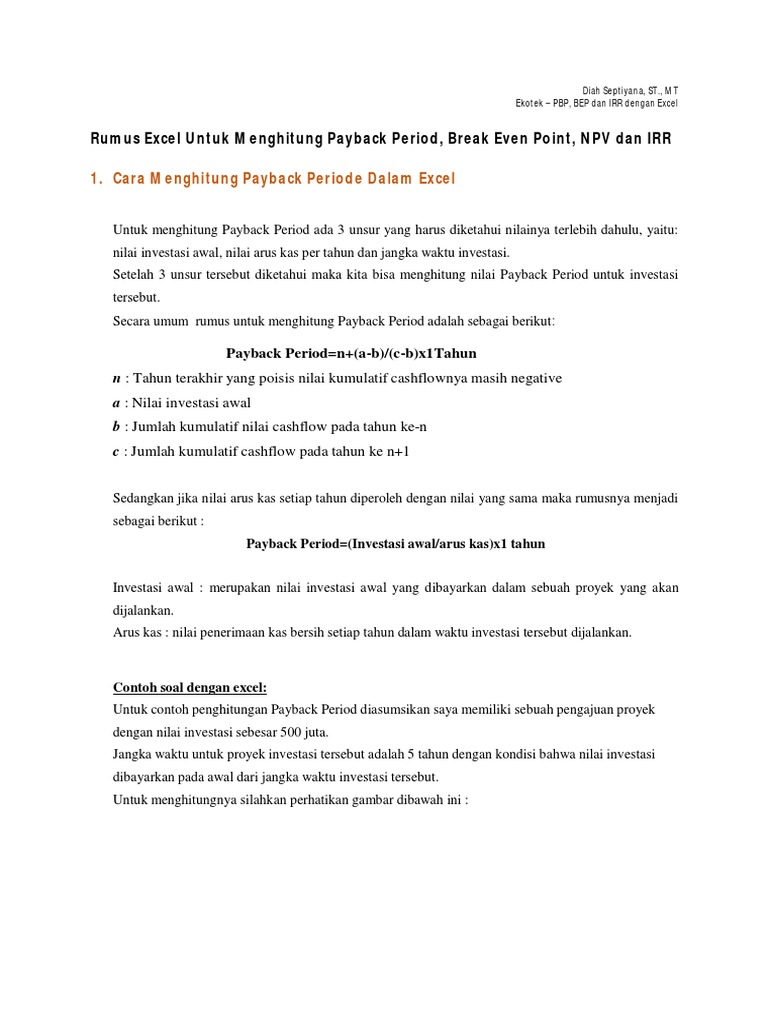 Rumus Excel Untuk Menghitung Payback Period, BEP, NPV Dan IRR | PDF