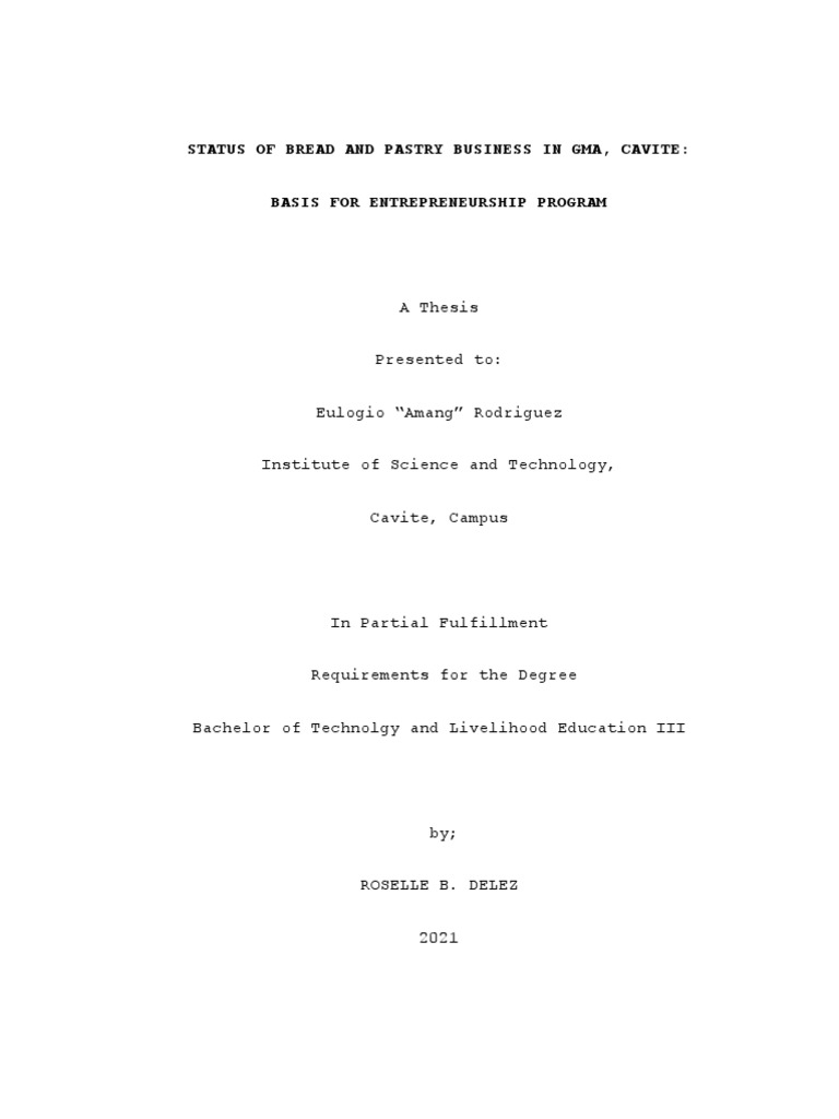 Status of Bread and Pastry Business in Gma, Cavite: Basis For ...