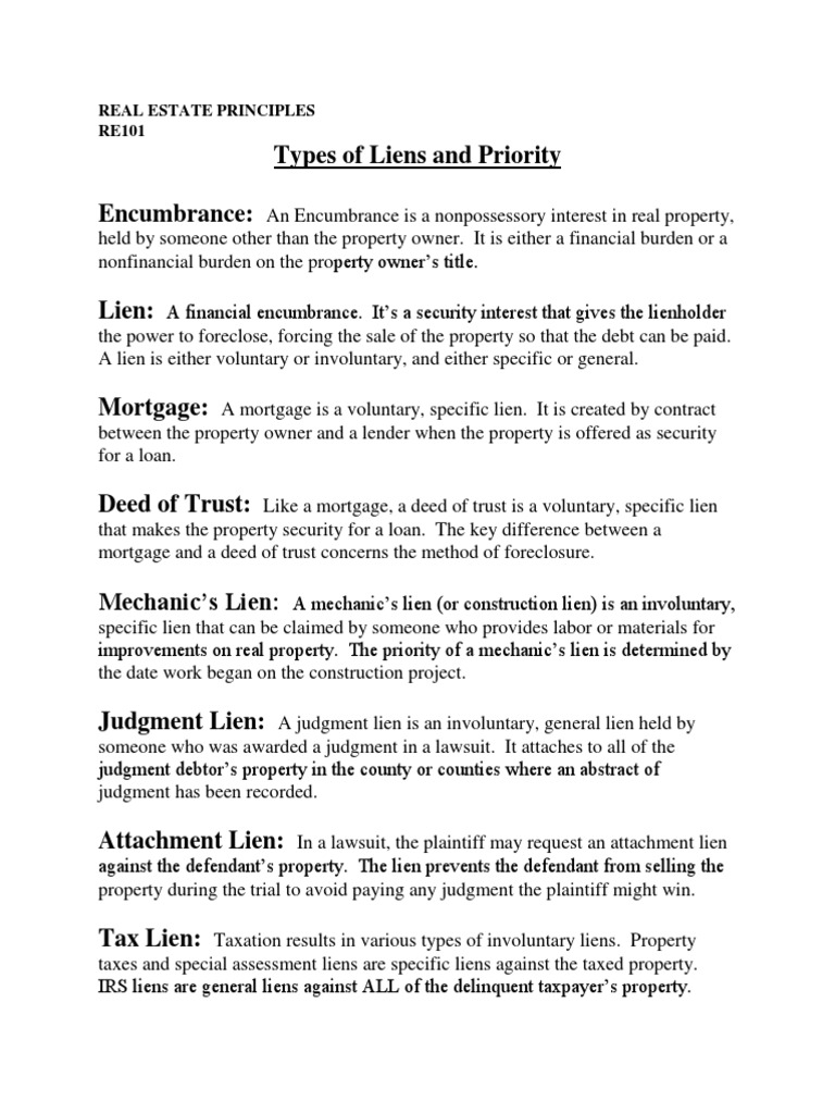 Types and Priority of Real Estate Liens | PDF | Mortgage Law | Lien