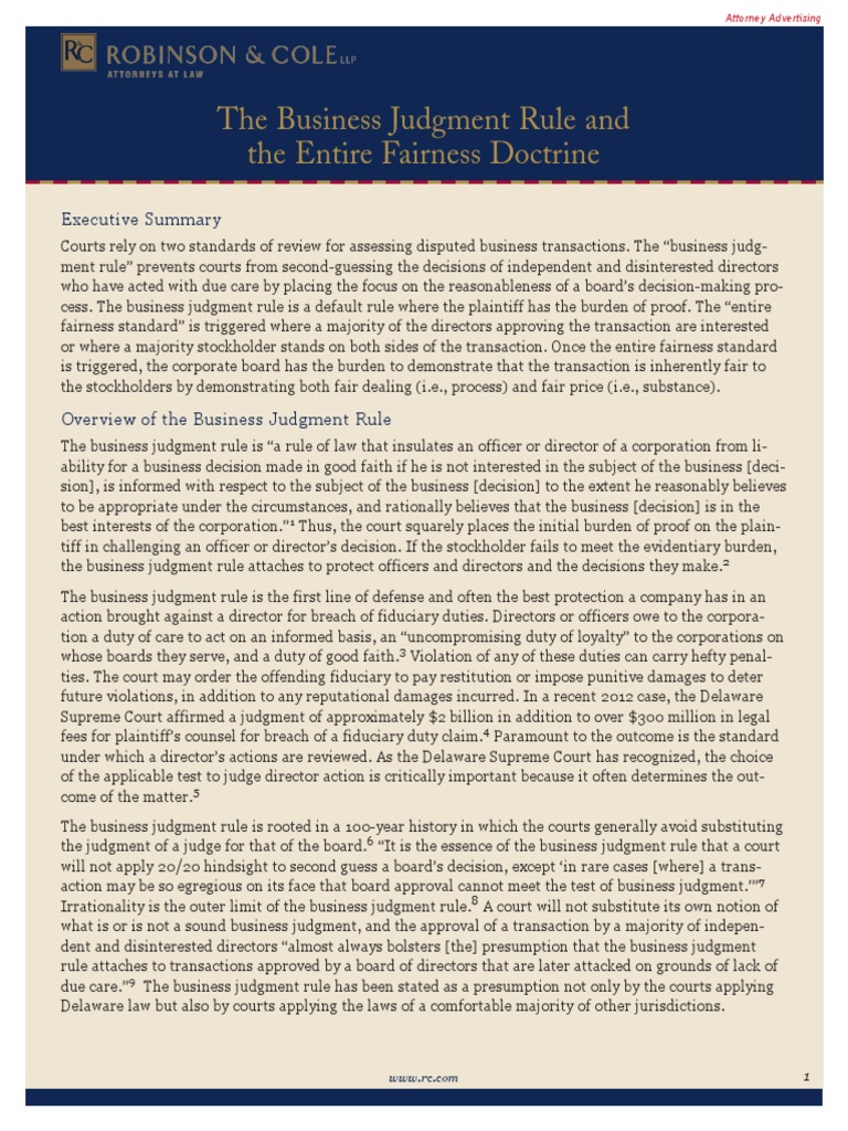 The Business Judgment Rule and The Entire Fairness Doctrine: Executive ...
