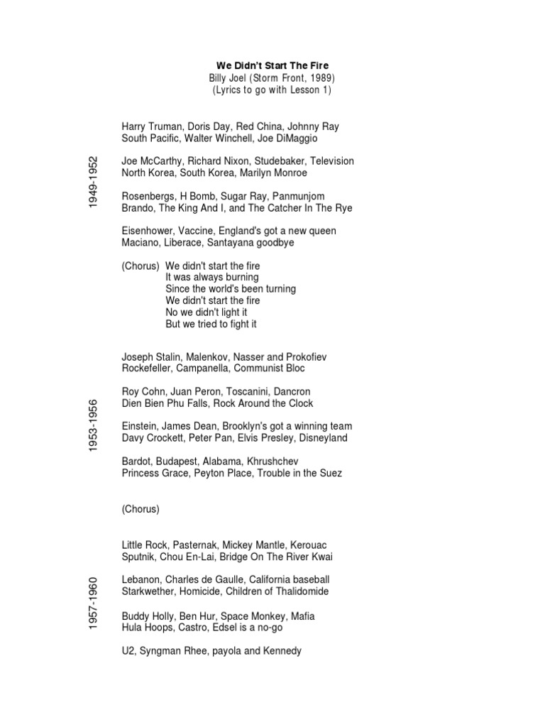 We Didn't Start The Fire Lyrics With Times | PDF | Violence | Unrest