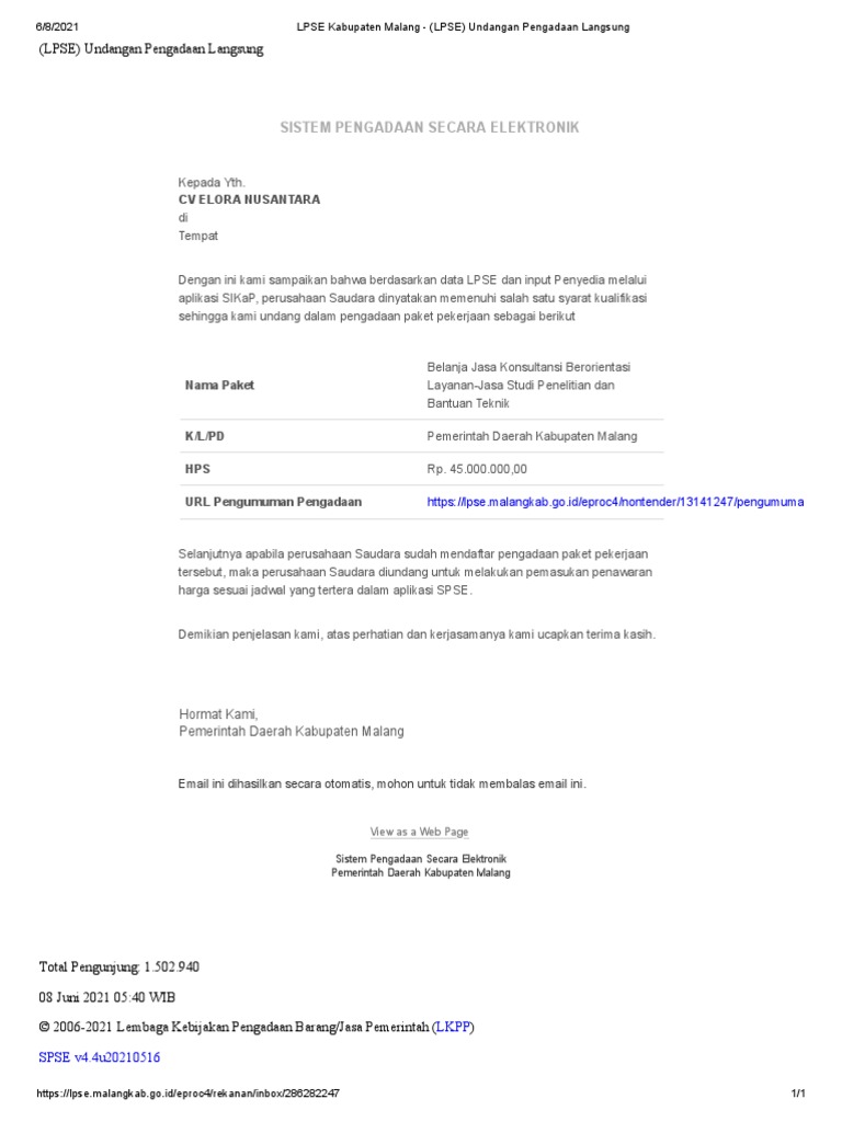LPSE Kabupaten Malang - (LPSE) Undangan Pengadaan Langsung | PDF