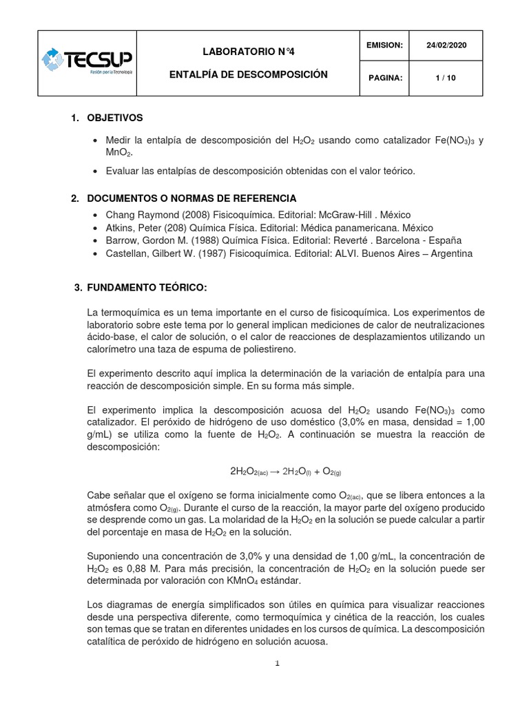 Entalpía de Descomposición de H2O2 | PDF | Peróxido de hidrógeno ...