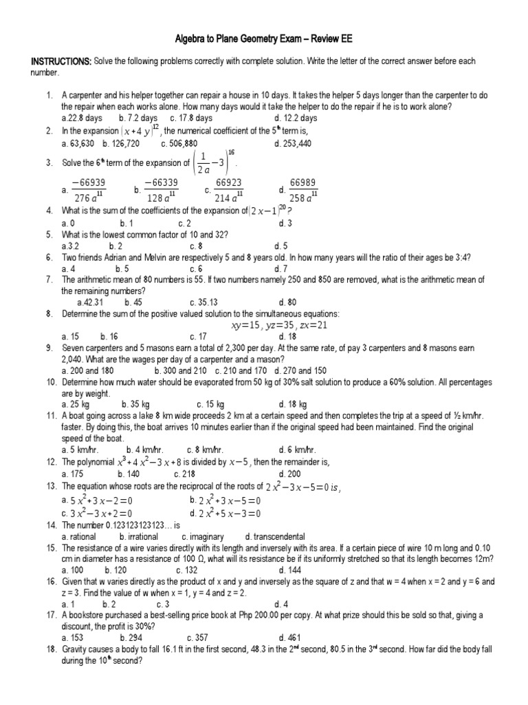 Algebra To Plane Geometry Exam - Review EE | PDF | Circle | Area
