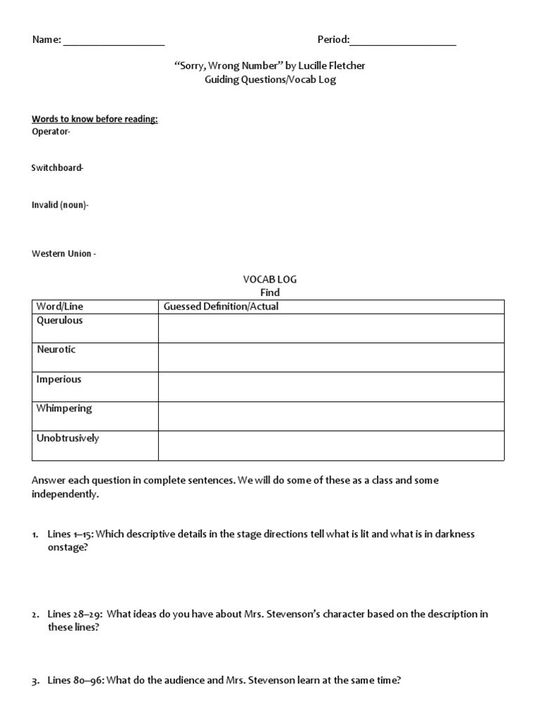 Sorry Wrong Number-Guide-Questions | PDF