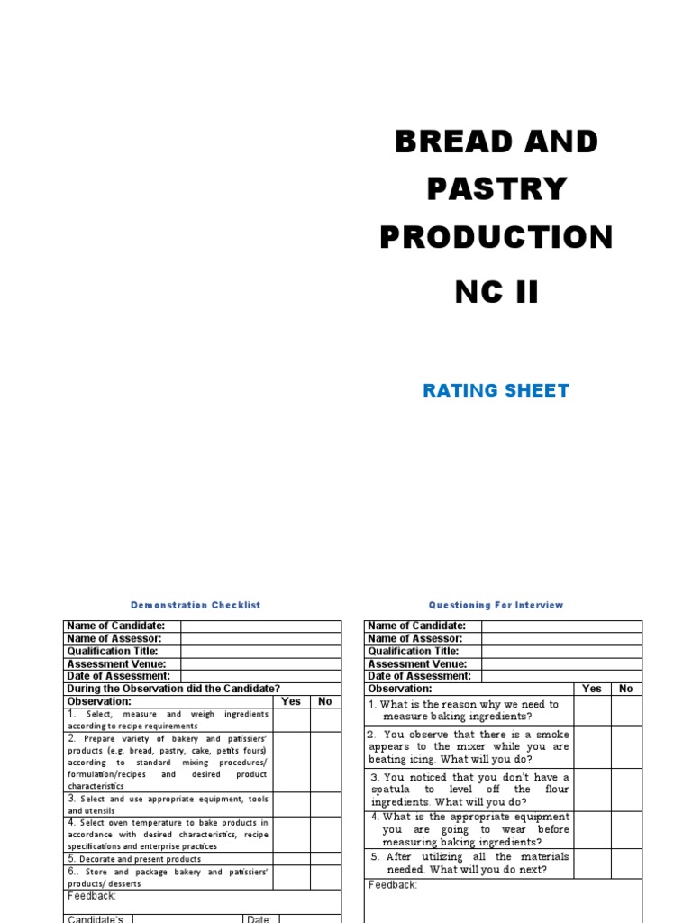 Bread and Pastry Production NC Ii: Rating Sheet | PDF