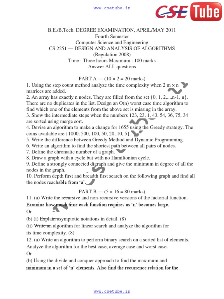 Daa Am 2011 - Cse Tube Q1 | PDF | Time Complexity | Matrix (Mathematics)