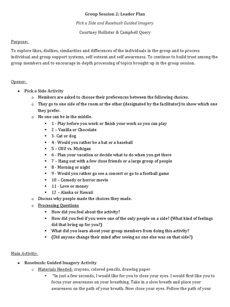 Pick A Side and Rosebush Guided Imagery: Group Session 2: Leader Plan ...