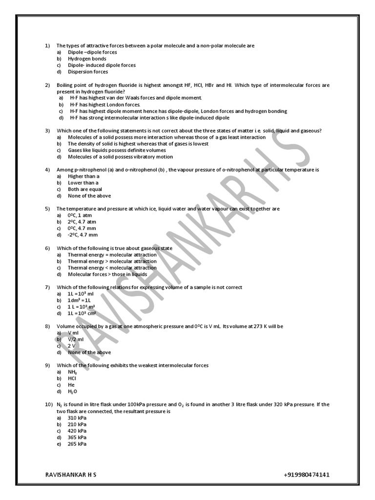 States of Matter Questions With Answer | PDF | Intermolecular Force ...