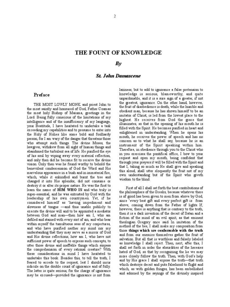 The Fount of Knowledge: by St. John Damascene | PDF | God | Truth