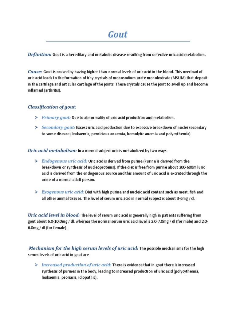 Definition:: Primary Gout: Secondary Gout | PDF | Gout | Rtt