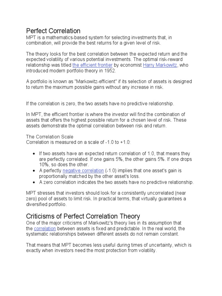 MPT Correlation Theory | PDF | Modern Portfolio Theory | Correlation And Dependence