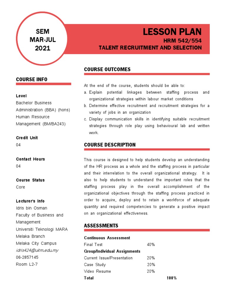 Lesson Plan HRM 542 554 | PDF | Human Resources | Recruitment