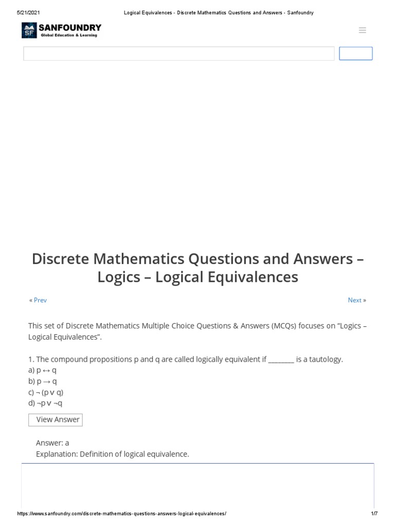 Logical Equivalences - Discrete Mathematics Questions and Answers ...