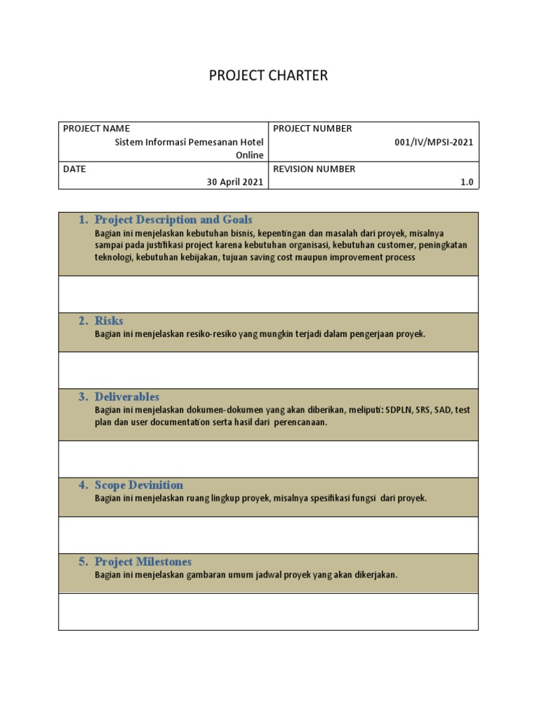 Contoh Project Charter Pemesanan Hotel | PDF
