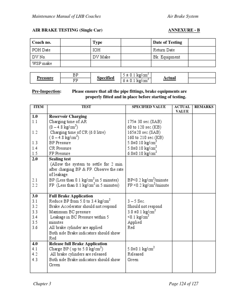 Maintenance Manual of LHB Coaches Air Brake System | PDF | Brake | Valve