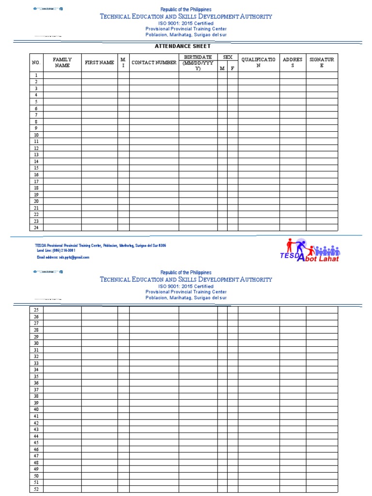 TESDA Training Attendance Sheet | PDF | Educational Stages | Career And ...
