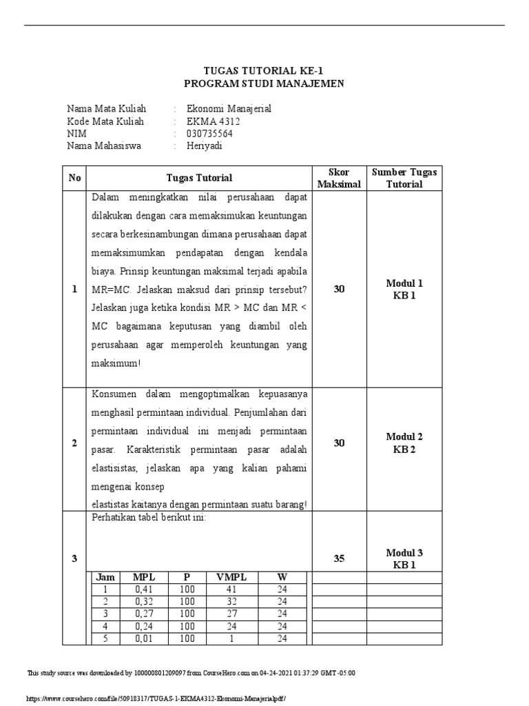 TUGAS 1 EKMA4312 Ekonomi Manajerial PDF | PDF