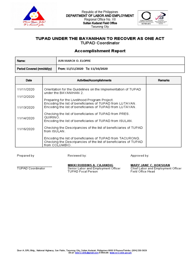 TUPAD Accomplishment Report 2020 | PDF | Labour