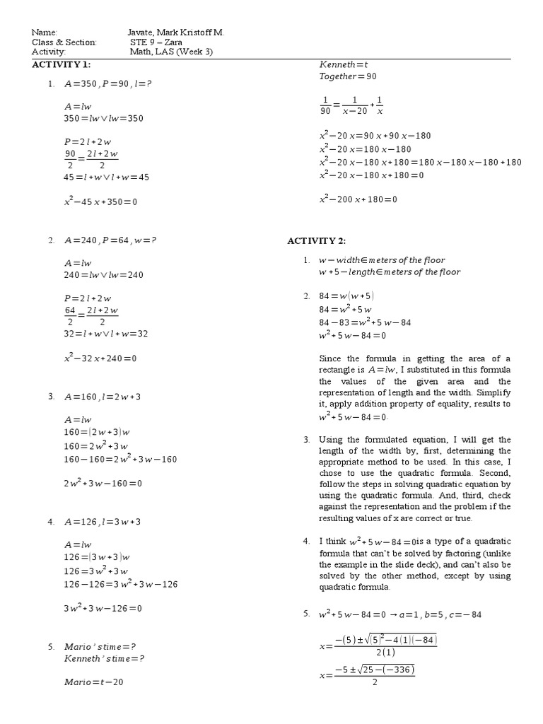 Math, Q1 W3 | PDF | Quadratic Equation | Area