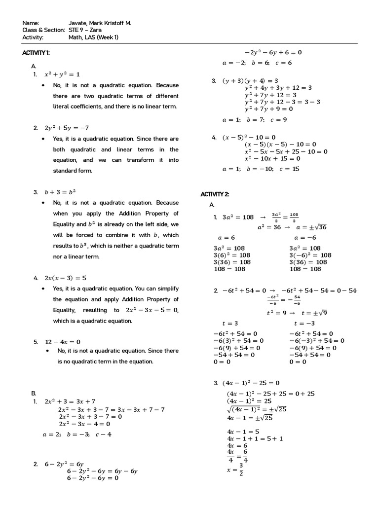 Math, Q1 W1 | PDF | Quadratic Equation | Equations