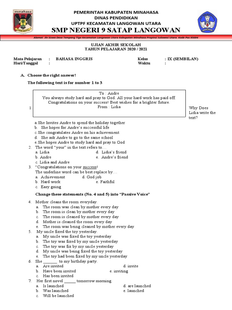 Soal Ujian Sekolah Bahasa Inggris | PDF