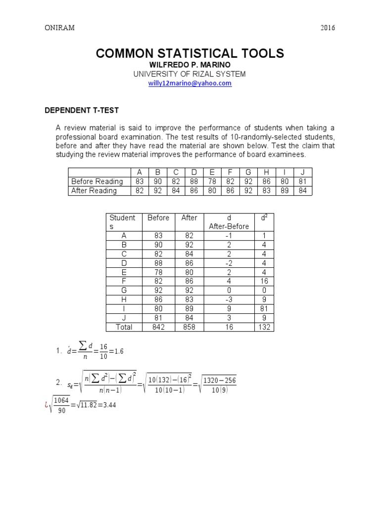 Common Statistical Tools: Wilfredo P. Marino | PDF | Data Collection ...