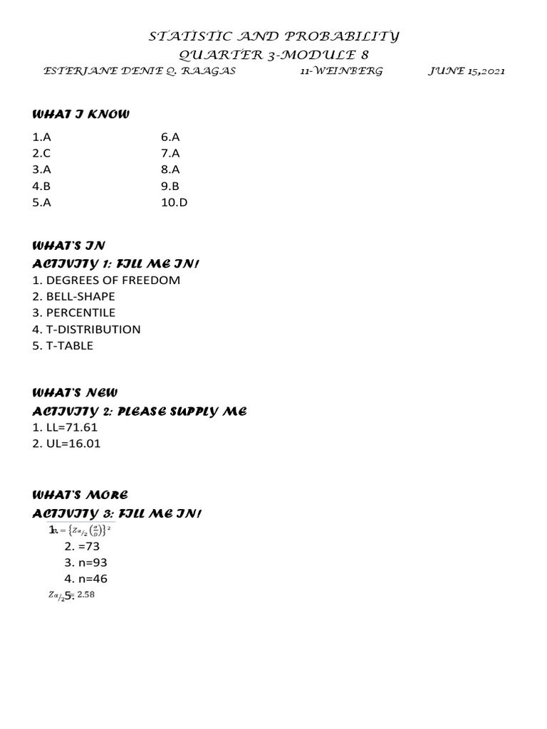 Statistic and Probability Quarter 3-Module 8: Esterjane Denie Q. Raagas ...